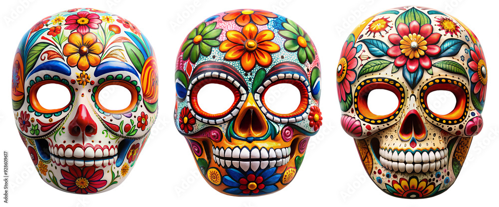 Set of sugar skull masks on transparent background to celebrate the Day ...