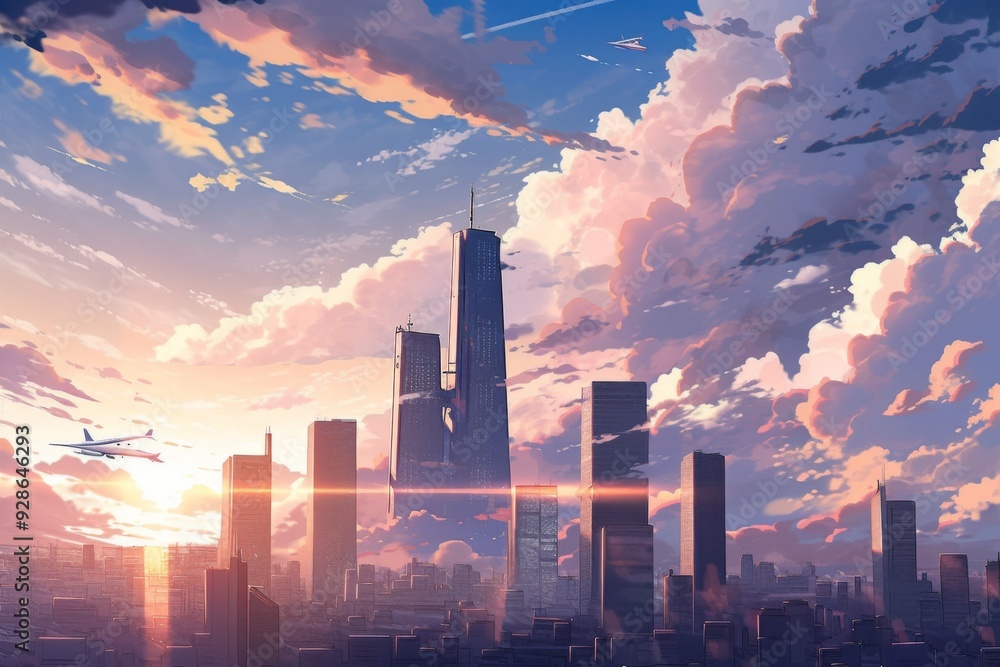Soaring Ambitions: anime-style Aircraft Gliding Through Skyscrapers, a ...