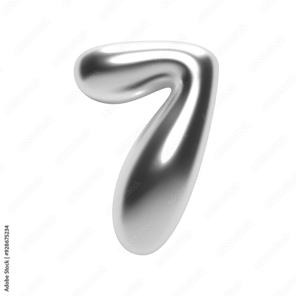 3D chrome number 7 in Y2K bubble style. Shiny silver metallic surface ...