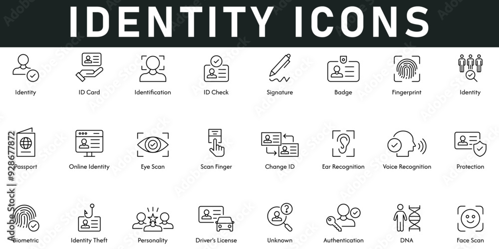 Identity Icons vector illustration with thin line editable stroke ...