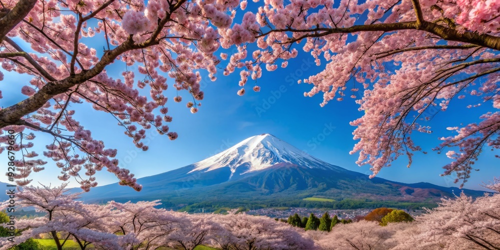 Beneath a Canopy of Cherry Blossoms, Mt. Fuji Stands Tall, Japan ...