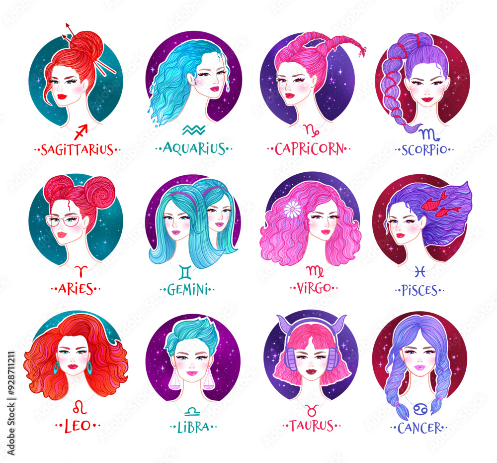 Vector color illustrations set of zodiac signs girls portraits with ...