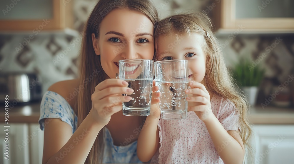 Young beautiful mother and little girl drinking fresh pure water from glasses in kitchen Happy ...