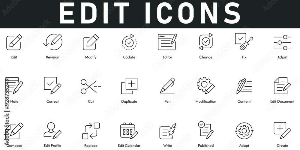 Edit Icons vector illustration with thin line editable stroke contain revision, modify, update ...
