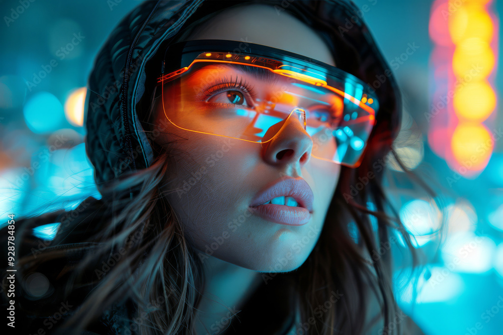 Young woman engages with vibrant augmented reality elements, showcasing the futuristic potential ...