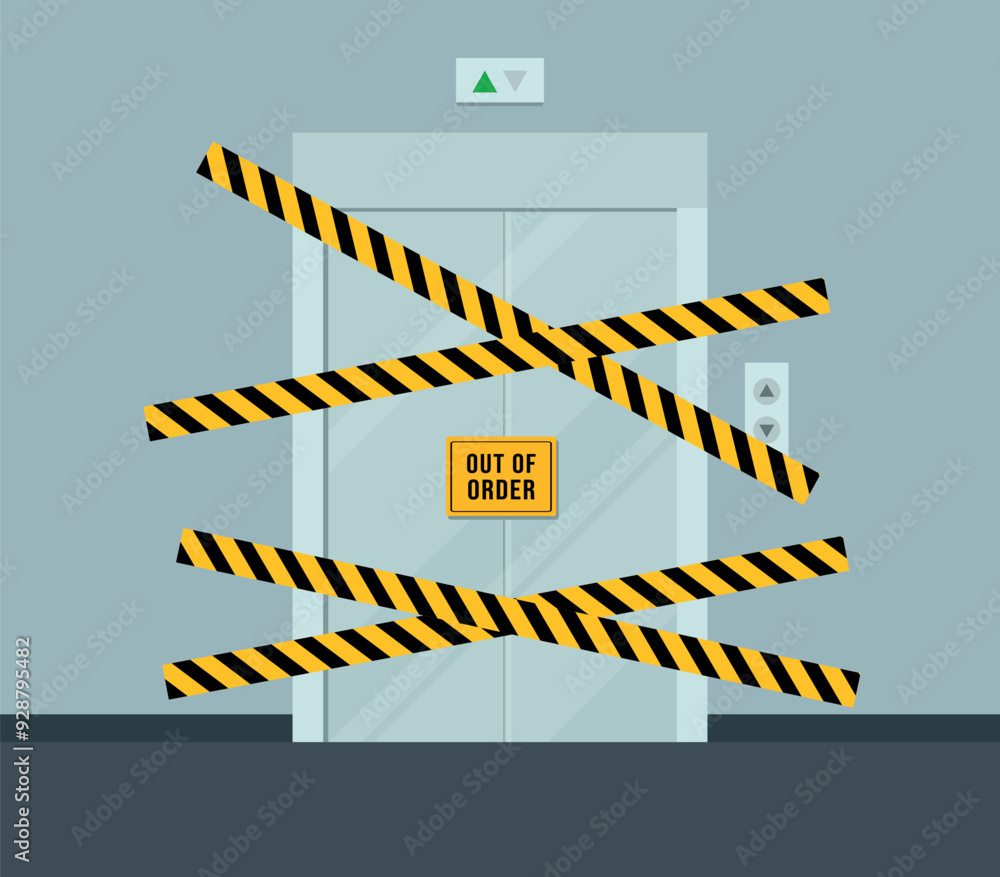 Closed damaged elevator door in flat style. Elevator repair concept ...