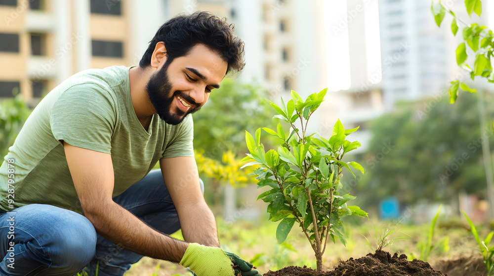 Smiling man planting a tree in an urban garden, promoting environmental ...