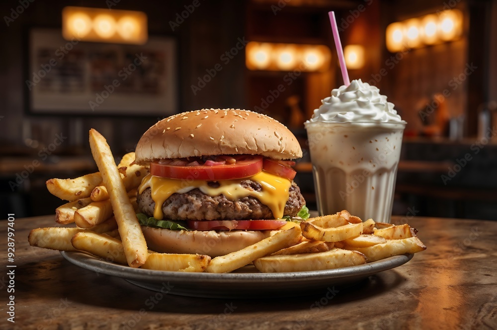 Classic American cheeseburger with fries and milkshake, takeout ...