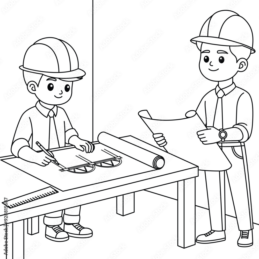 Engineer Designing a Bridge Outline Coloring Page. Labor Day Hand Drawn ...