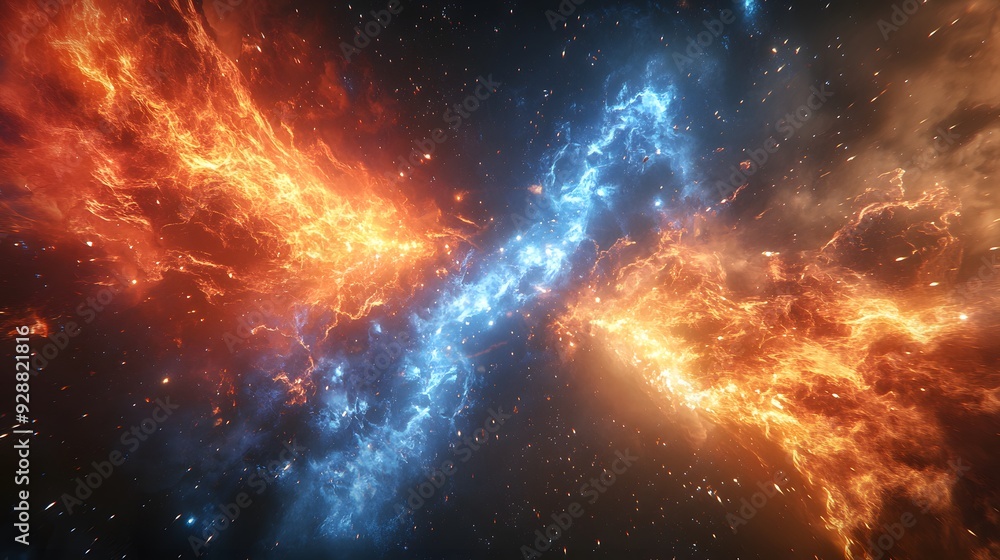 Epic cosmic battle, fire and ice collision, blue lightning vs red ...
