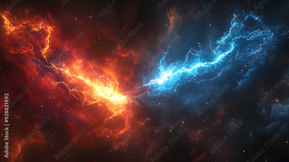 Epic cosmic battle, fire and ice collision, blue lightning vs red ...