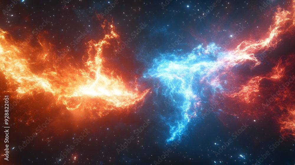 Epic cosmic battle, fire and ice collision, blue lightning vs red ...
