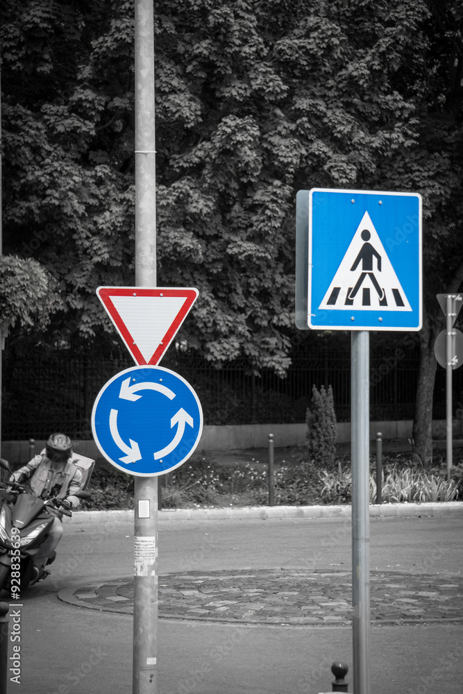 traffic signs road signs roundabout give way pedestrian crossing Stock ...
