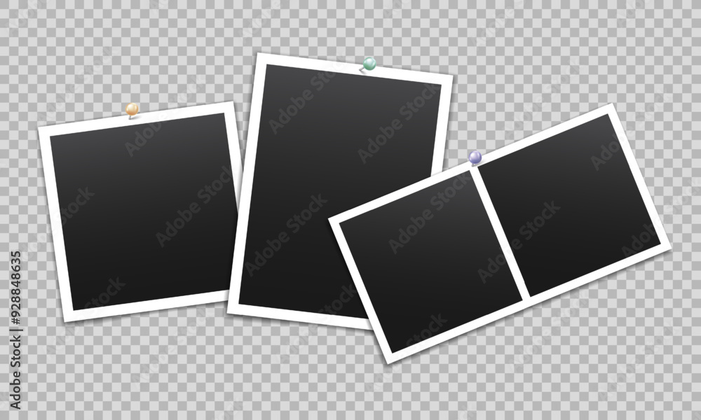 Vector empty photo frames with pin and shadow isolated on transparent ...