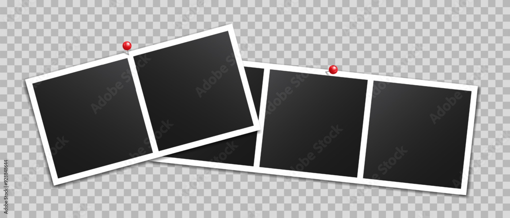 Vector empty photo frames with pin and shadow isolated on transparent ...