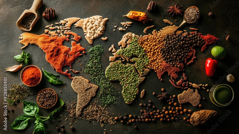Various spices arranged in the shape of a world map, showcasing the ...