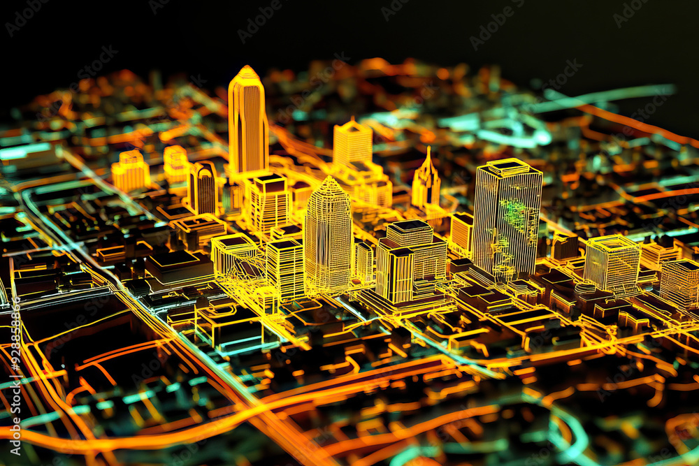 Technical aerial visual, 3D LiDAR GIS aerial map satellite scan model ...