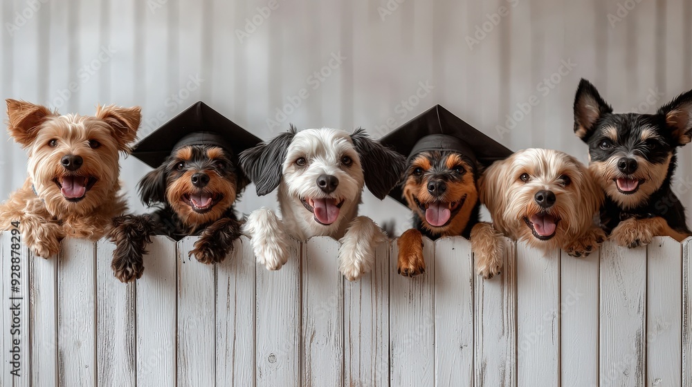 Dogs wearing graduation caps smile happily as they lean against a white ...