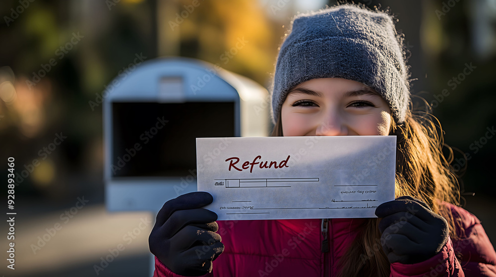 Smiling girl holding refund check by mailbox Stock Photo | Adobe Stock