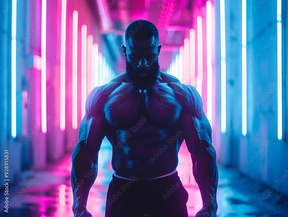 Muscular Bodybuilder Flexing in Vibrant Neon Lit Urban Setting Stock ...