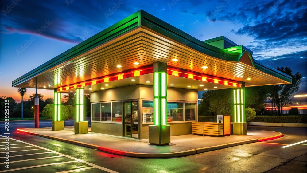 Fast-food restaurant drive-thru lane at night with bright LED lights ...