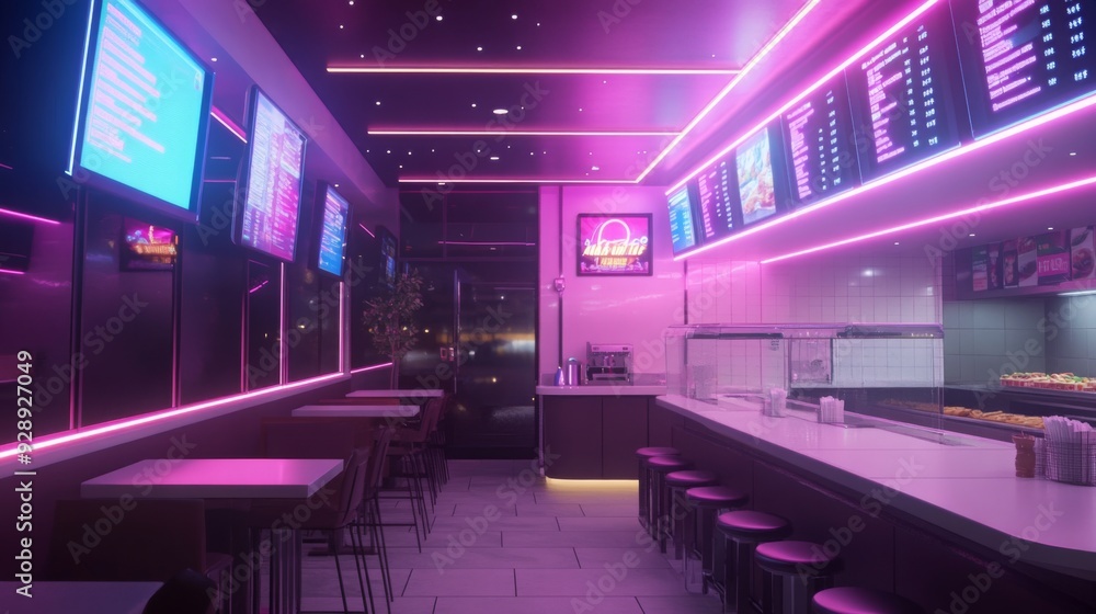 A vibrant diner features neon purple lighting and multiple digital ...