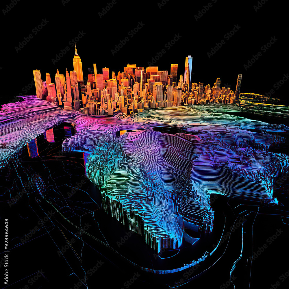 Technical aerial visual, 3D LiDAR GIS aerial map satellite scan model ...