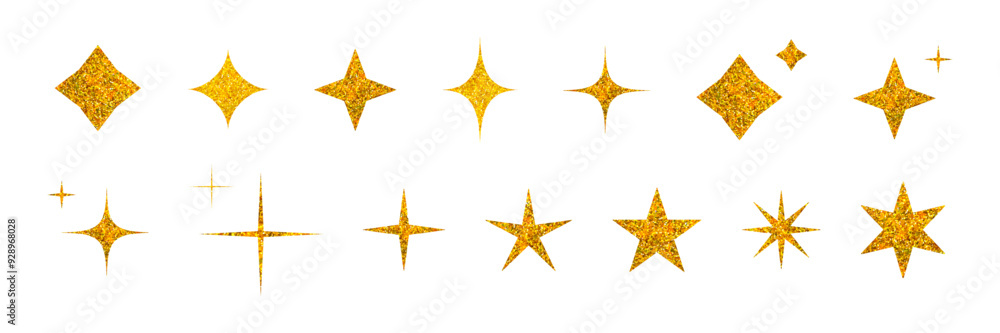 Gold glitter sparkle shiny textured stars set vector illustration ...