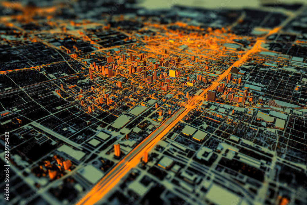 Technical aerial visual, 3D LiDAR GIS aerial map satellite scan model ...