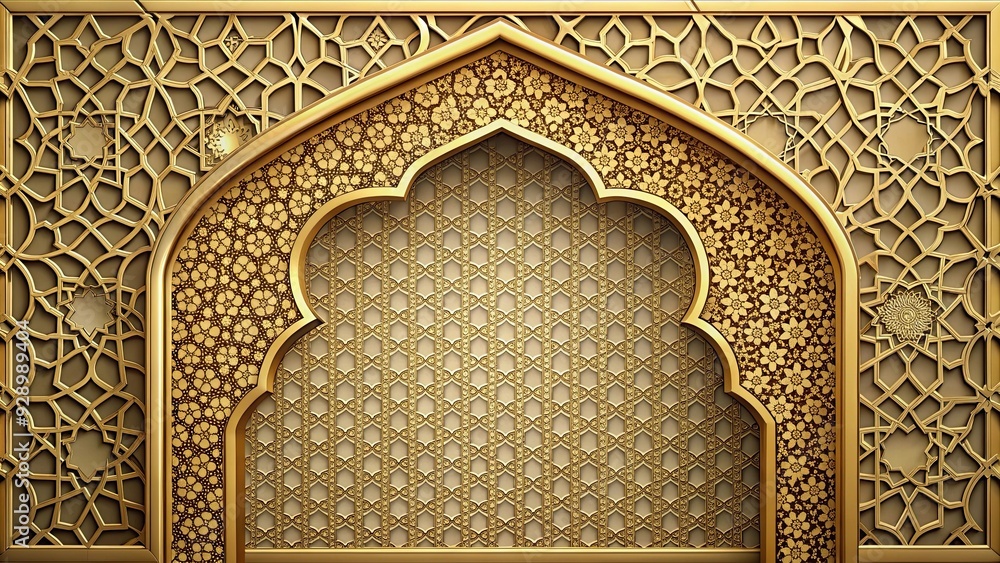 Ornate golden Islamic arch frame with intricate Ramadan Kareem design ...