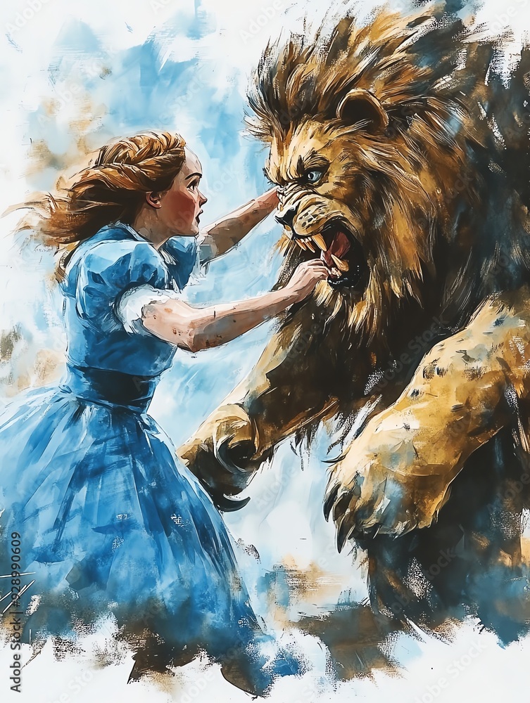 A dramatic scene depicting a young girl confronting a fierce lion ...