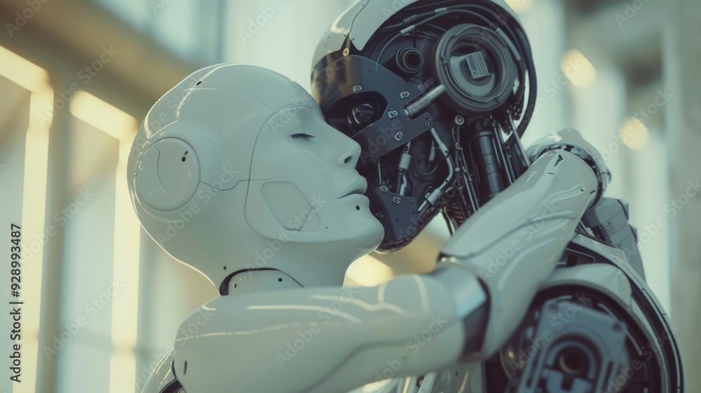 Two robotic figures share a heartfelt kiss in a bright, futuristic ...
