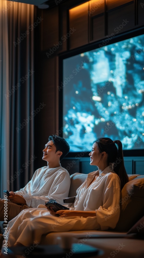 Friends enjoy a gaming session together while relaxed on a couch in a ...