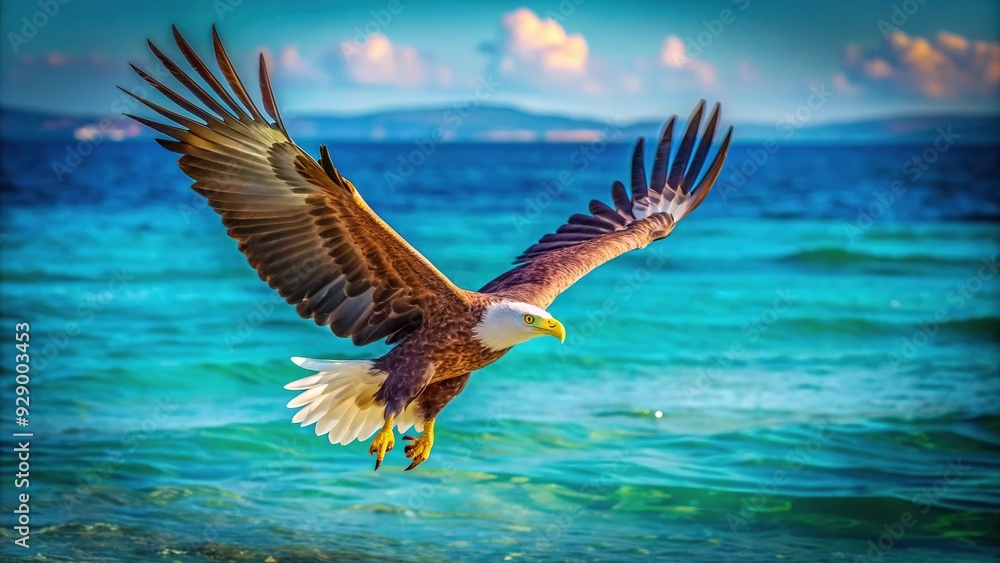 Majestic white-tailed eagle soars above serene turquoise ocean waters ...
