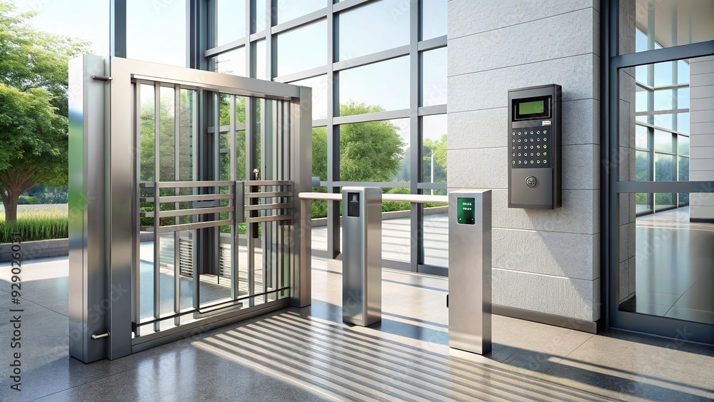 Modern electronic security gate with keypad, card reader, and biometric ...