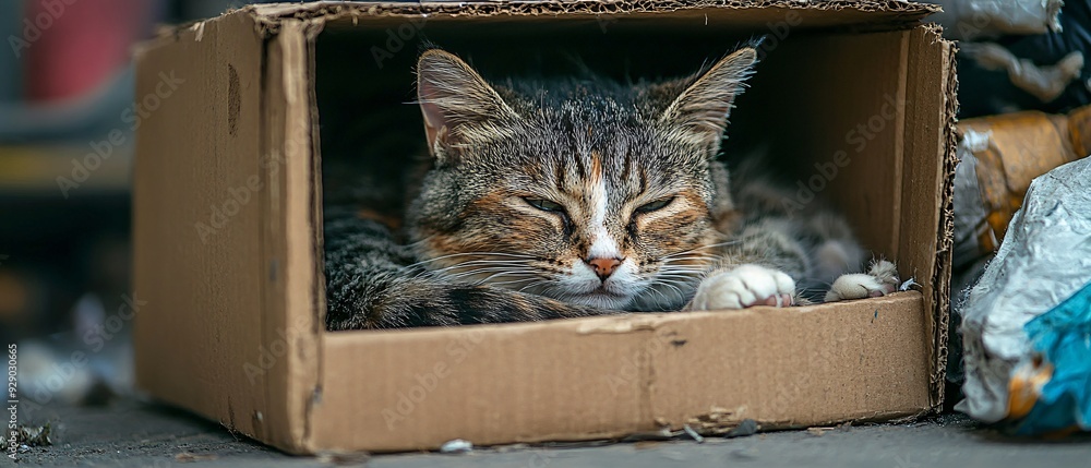 Heartbreaking Scene of a Lonely Homeless Cat Huddled in a Cardboard Box ...