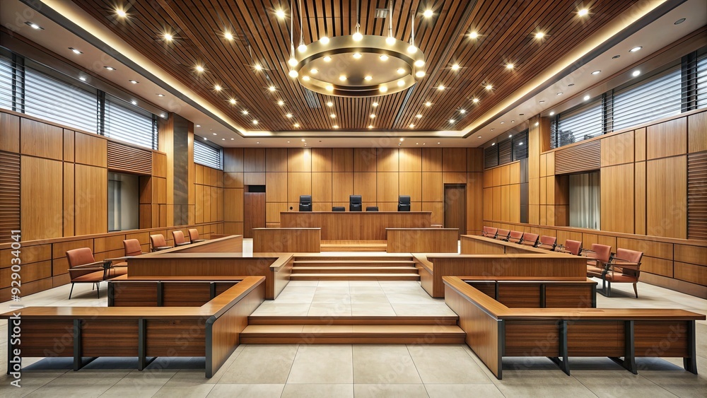Modern law court interior with wooden benches, Justice symbol, and ...
