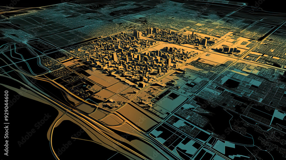 Technical aerial visual, 3D LiDAR GIS aerial map satellite scan model ...