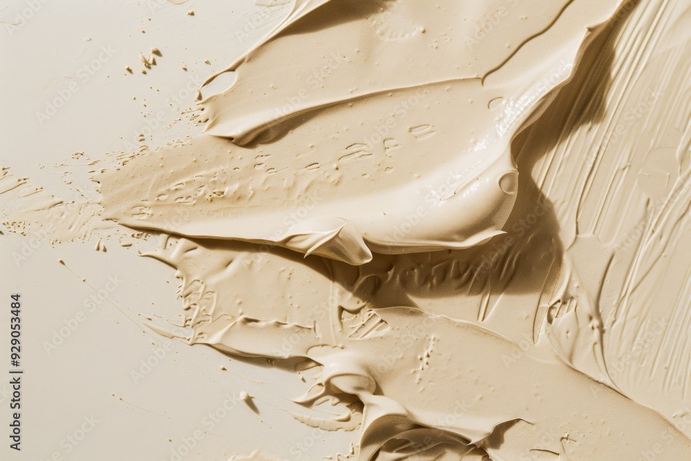 Smooth and creamy beige paint randomly spread on a surface, creating a ...