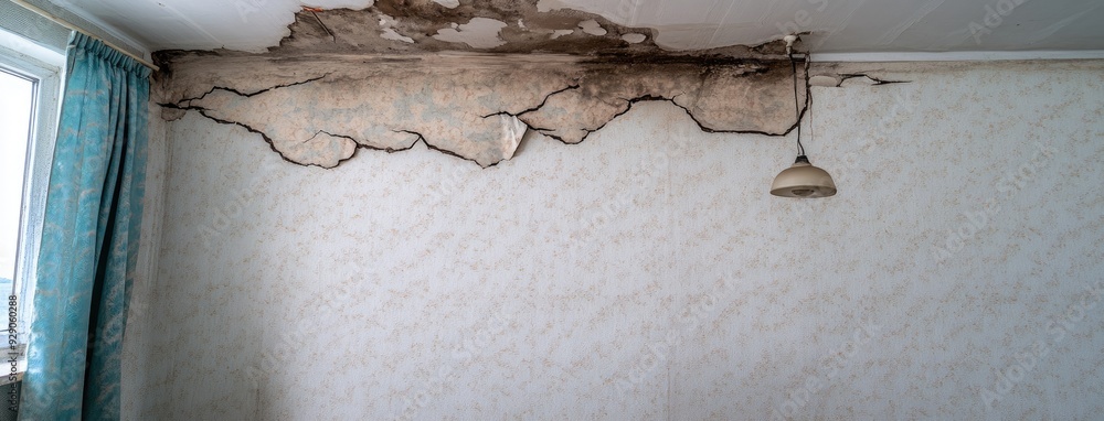 Water-damaged apartment ceiling reveals peeling wallpaper and cracked ...