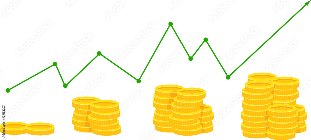 Financial statistics. Money chart with linear graph and coin stacks ...