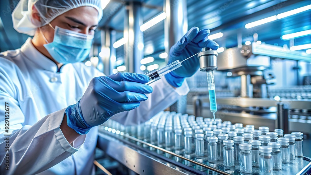 Sterile gloved hands hold a syringe and vial amidst(background) rows of ...