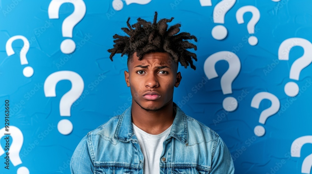 Confused Young Man With Question Marks, Portrait of a Thoughtful Person ...