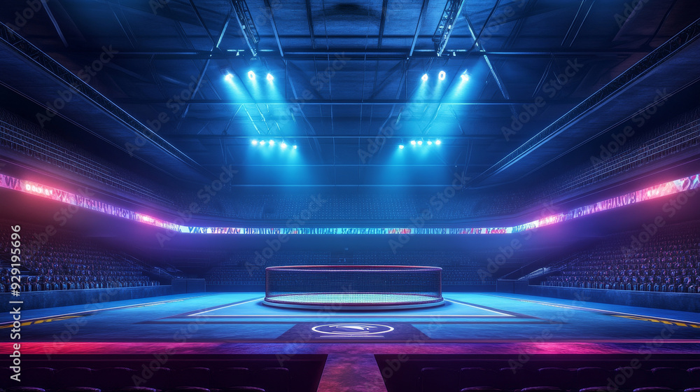 An empty octagon cage stands in a dark stadium with blue and pink ...