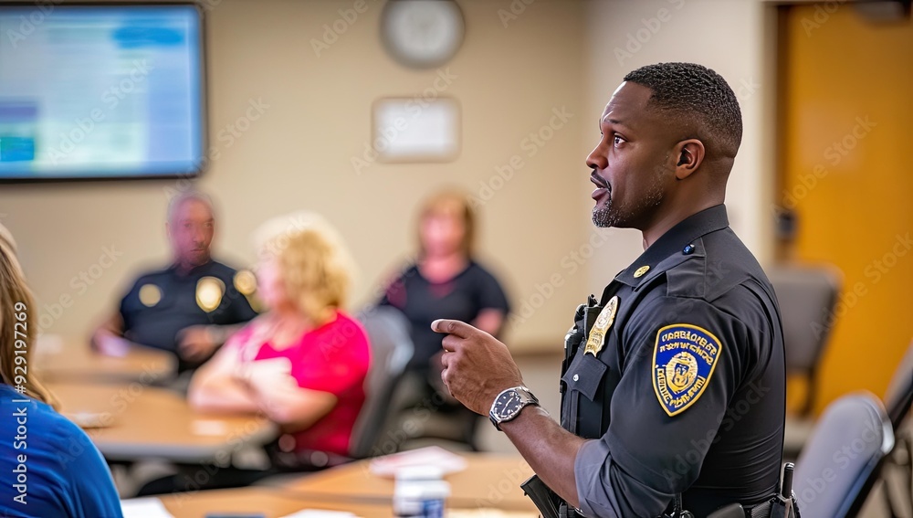 Police officer speaking to group of people. Stock Photo | Adobe Stock