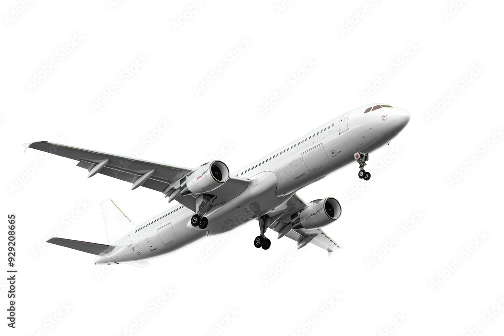 White passenger airplane in flight isolated on transparent background ...