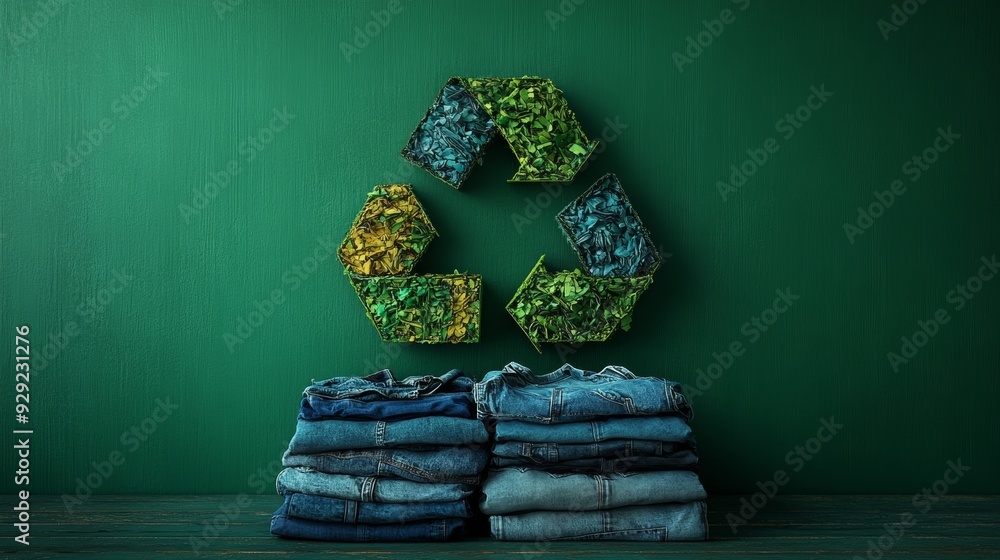 Recycling clothes concept featuring denim jeans and recycle symbol made ...