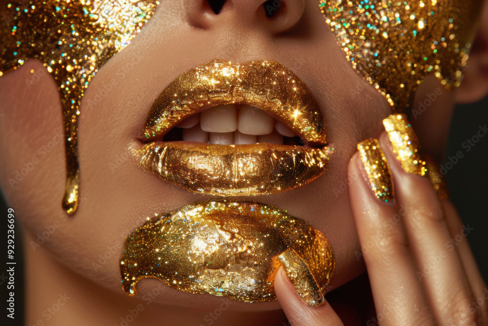 Gold Paint smudges drips from the face lips and nails, lipgloss ...