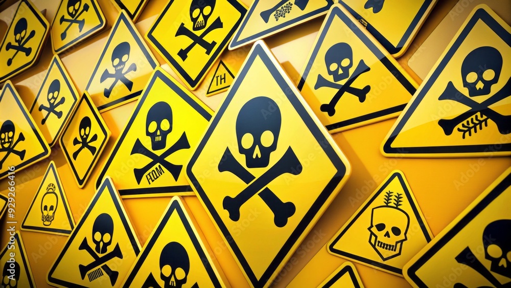 Warning signs and symbols on a yellow background, featuring exclamation ...