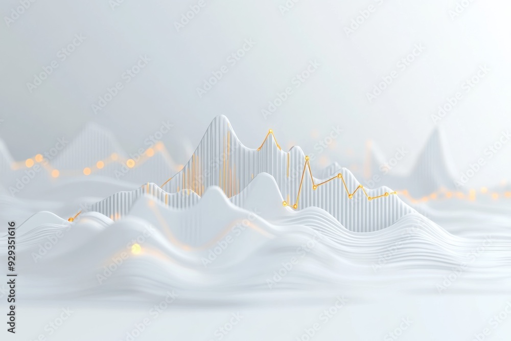 3D graph with gold and white peaks and gridlines representing complex digital data visualization ...